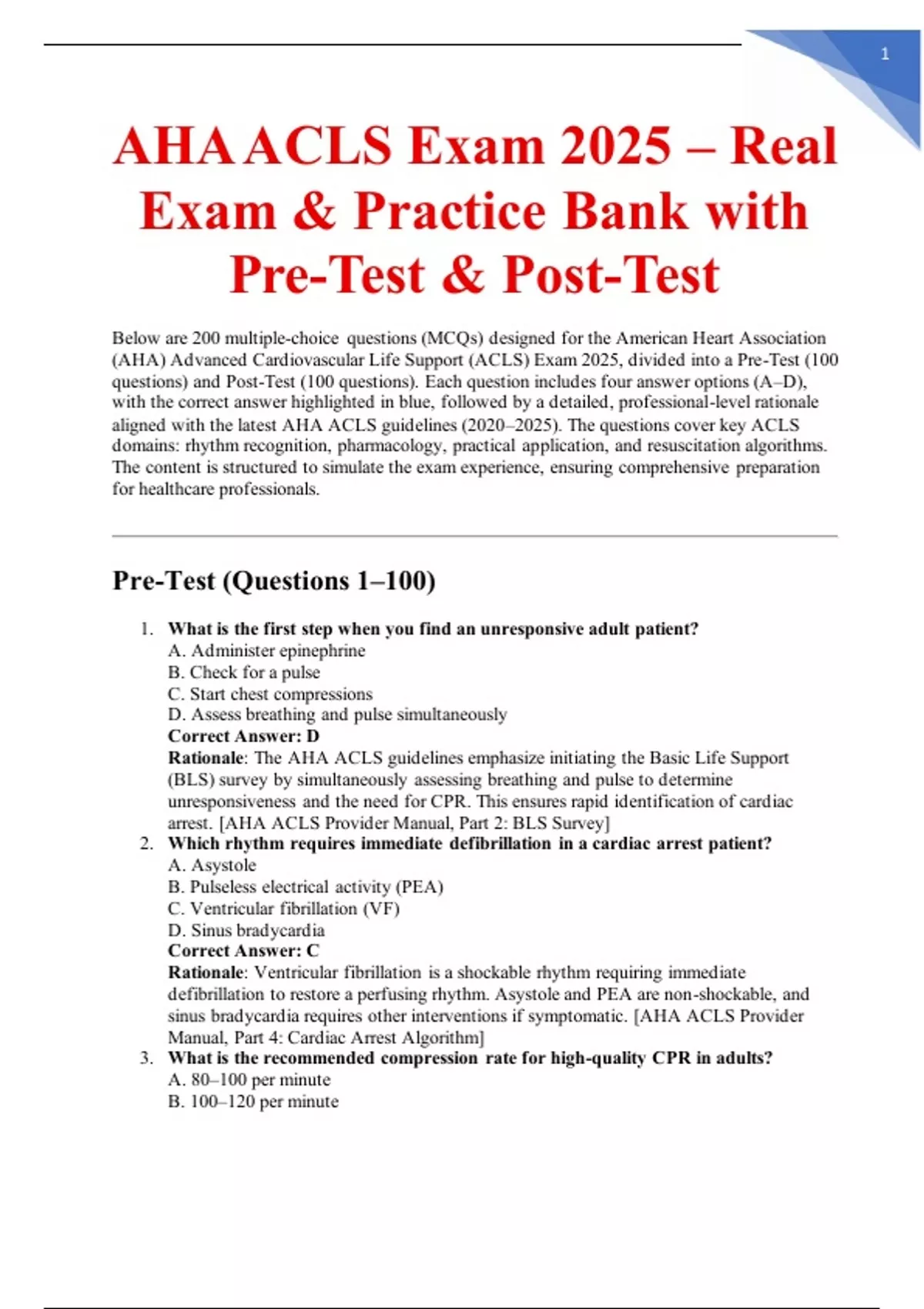 AHA ACLS Exam 2025 – Real Exam & Practice Bank with Pre-Test & Post ...