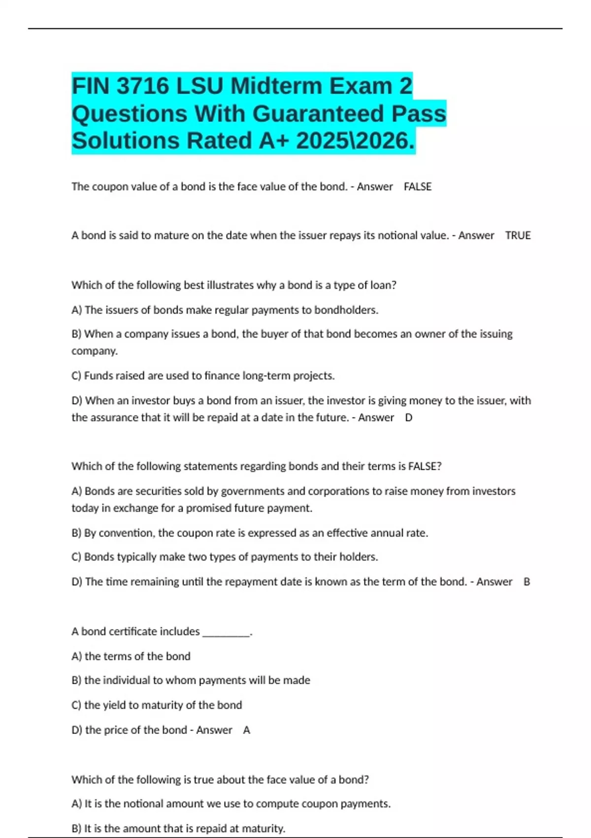 FIN 3716 LSU Midterm Exam 2 Questions With Guaranteed Pass Solutions ...
