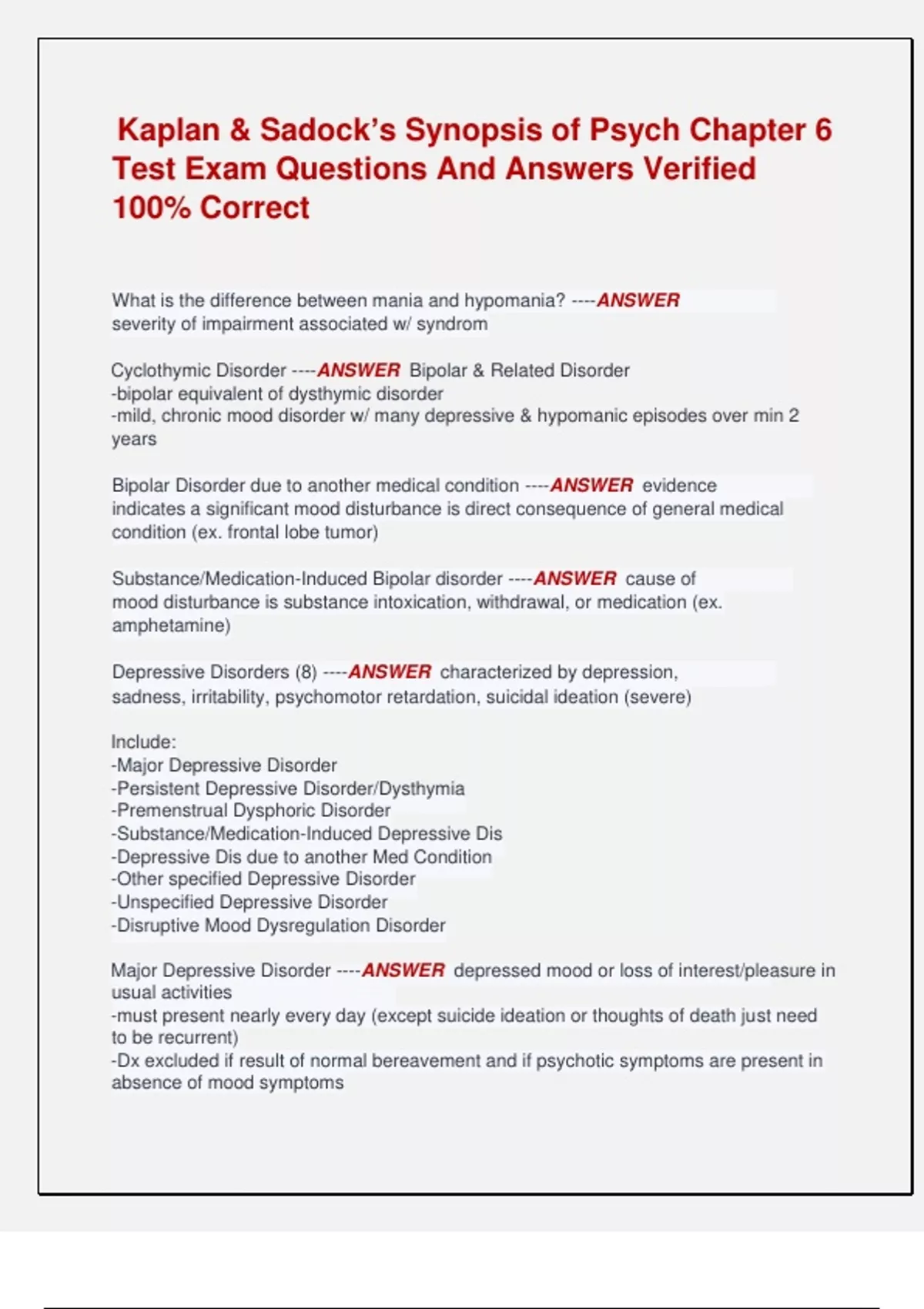 Kaplan & Sadock’s Synopsis of Psych Chapter 6 Test Exam Questions And ...