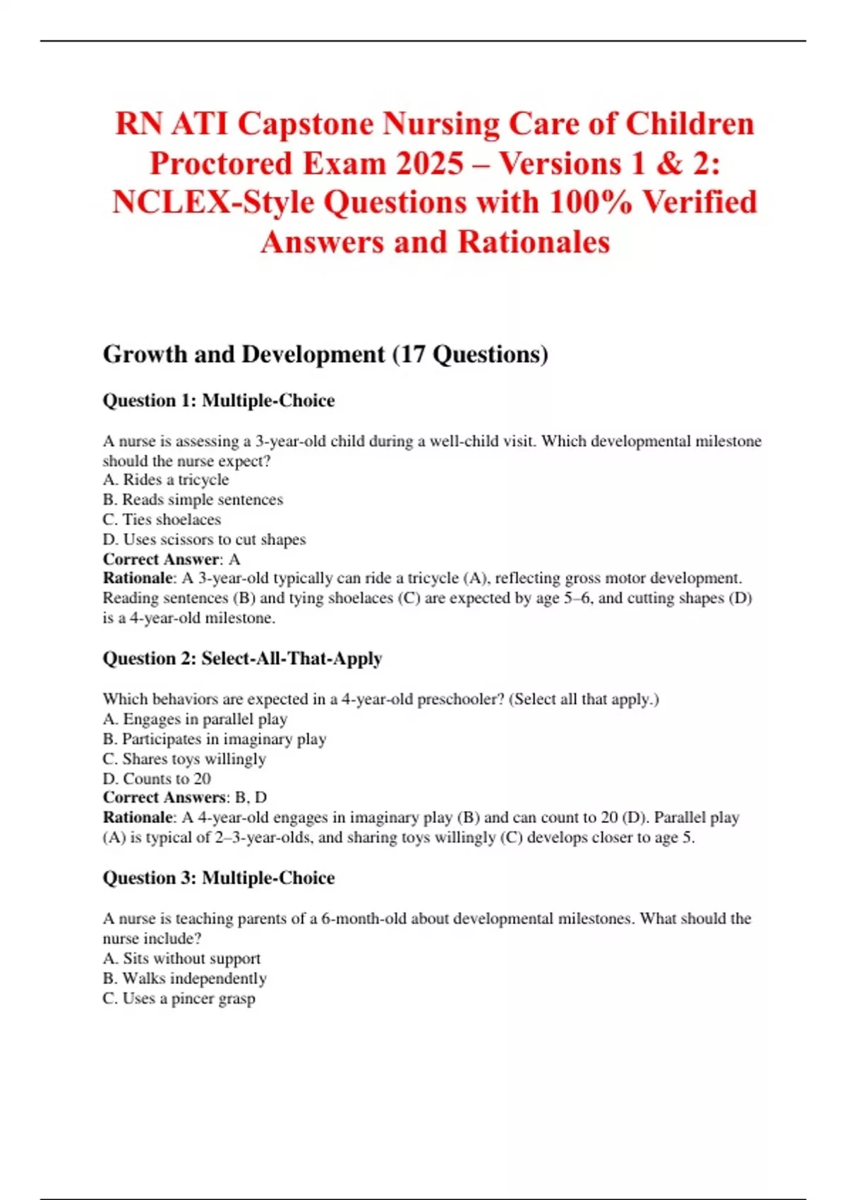 RN ATI Capstone Nursing Care of Children Proctored Exam 2025 – Versions ...