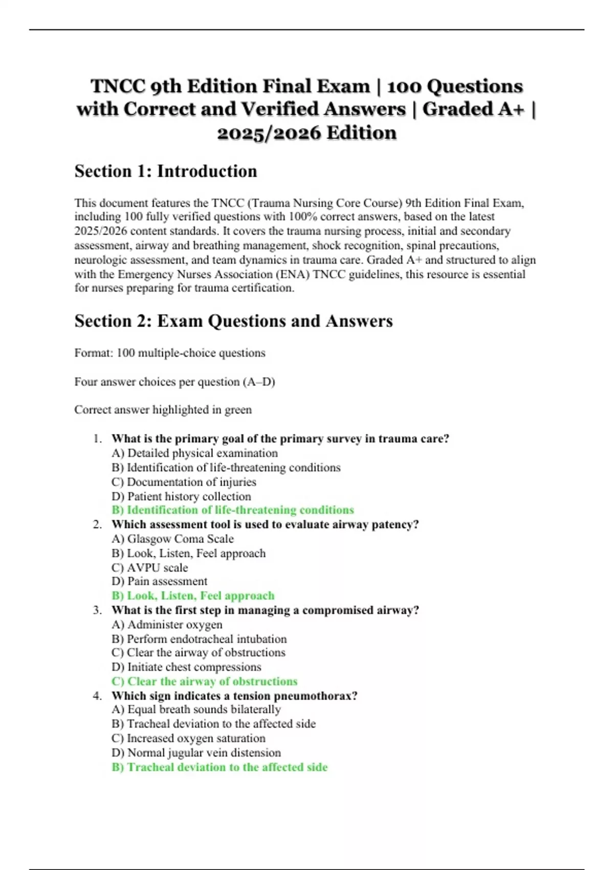 TNCC 9th Edition Final Exam | 100 Verified Questions and Correct ...