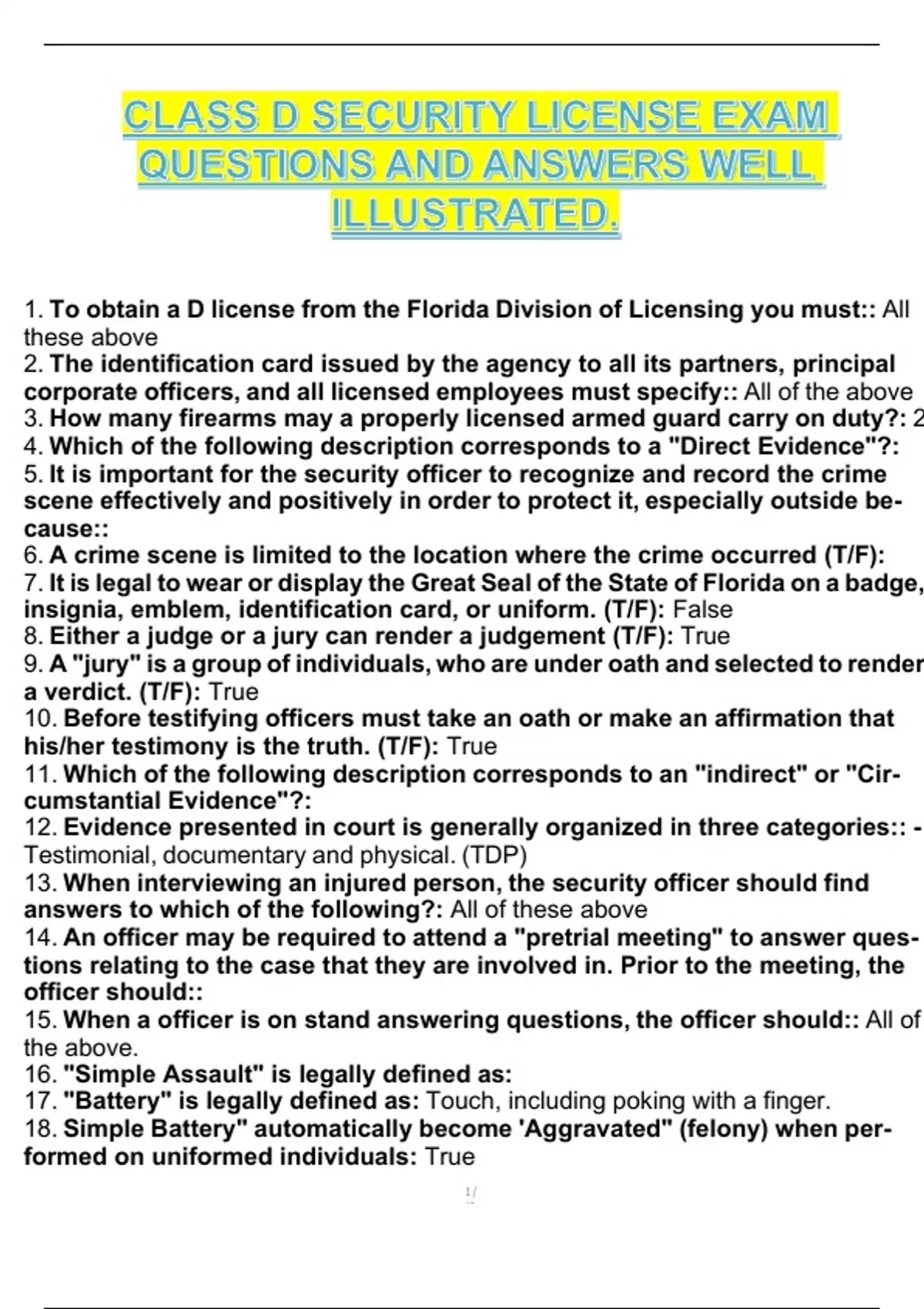 CLASS D SECURITY LICENSE EXAM QUESTIONS AND ANSWERS WELL ILLUSTRATED ...