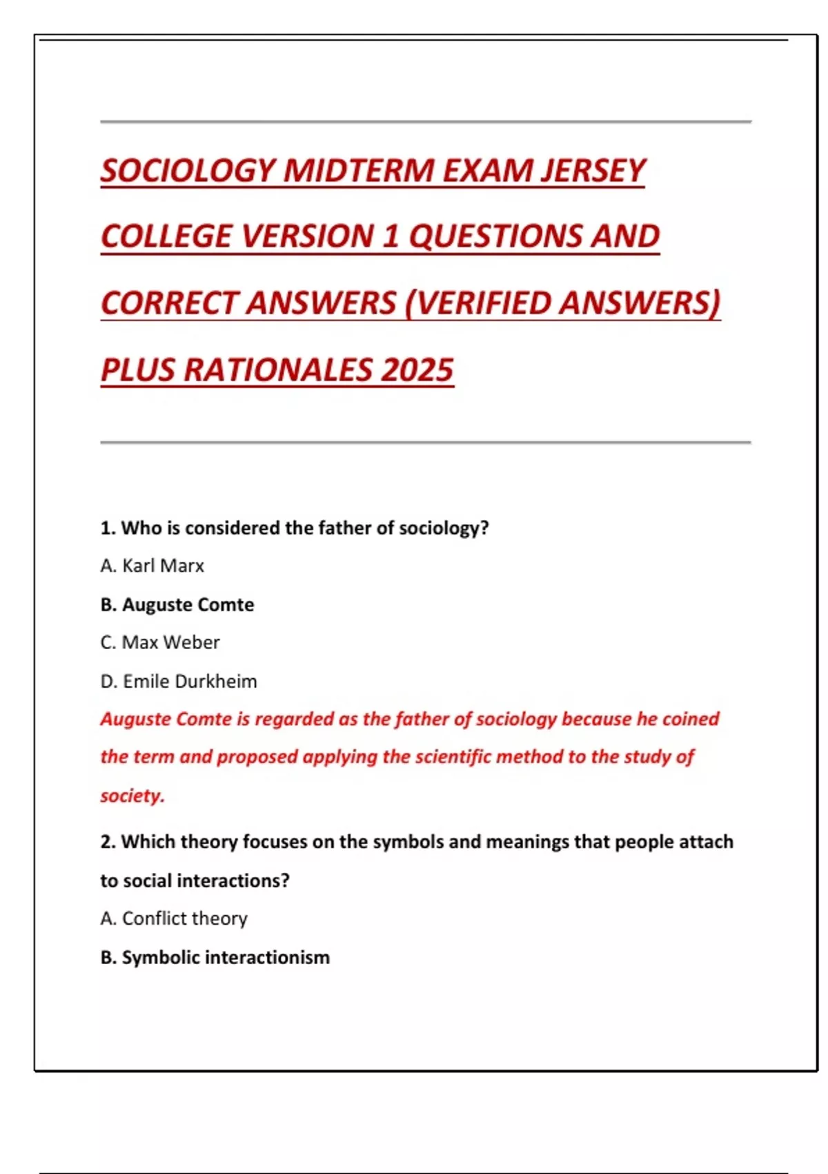 SOCIOLOGY MIDTERM EXAM JERSEY COLLEGE VERSION 1 QUESTIONS AND CORRECT ANSWERS (VERIFIED ANSWERS ...
