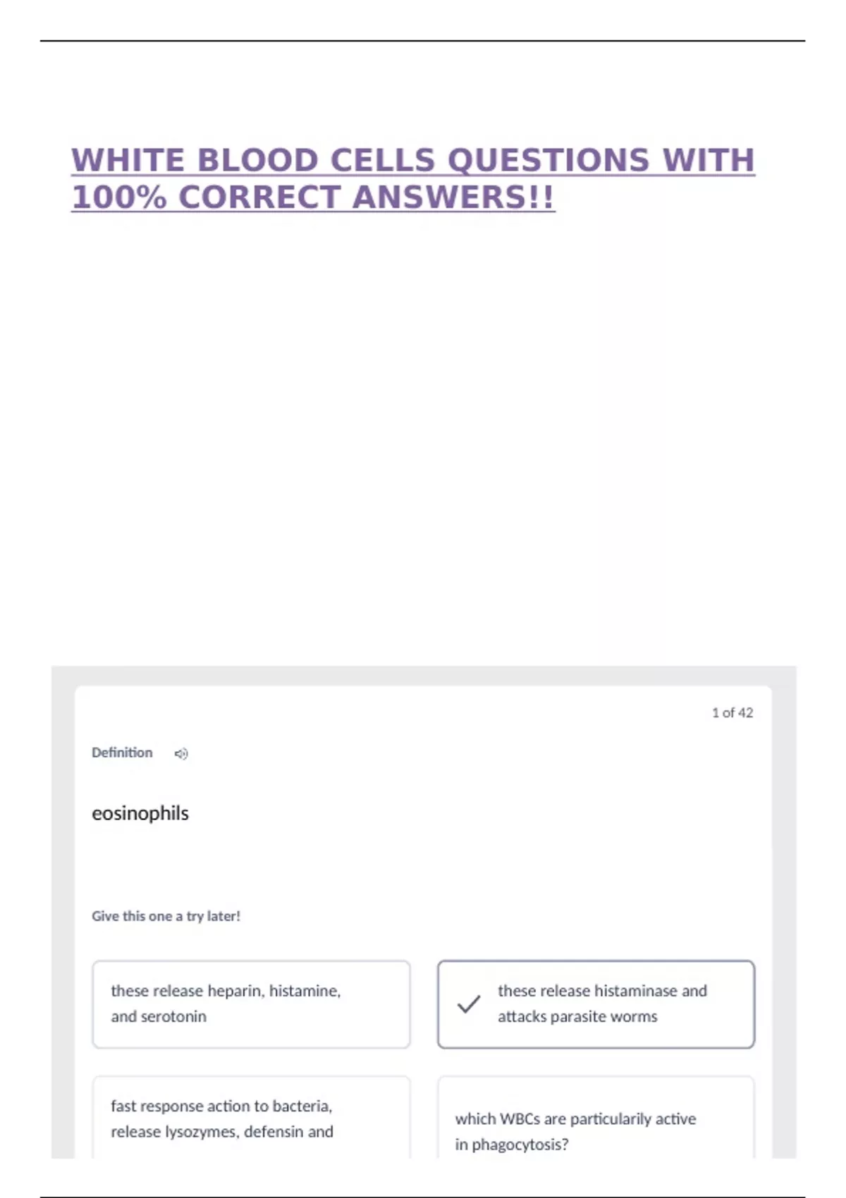 WHITE BLOOD CELLS QUESTIONS WITH 100% CORRECT ANSWERS!! - WHITE BLOOD ...