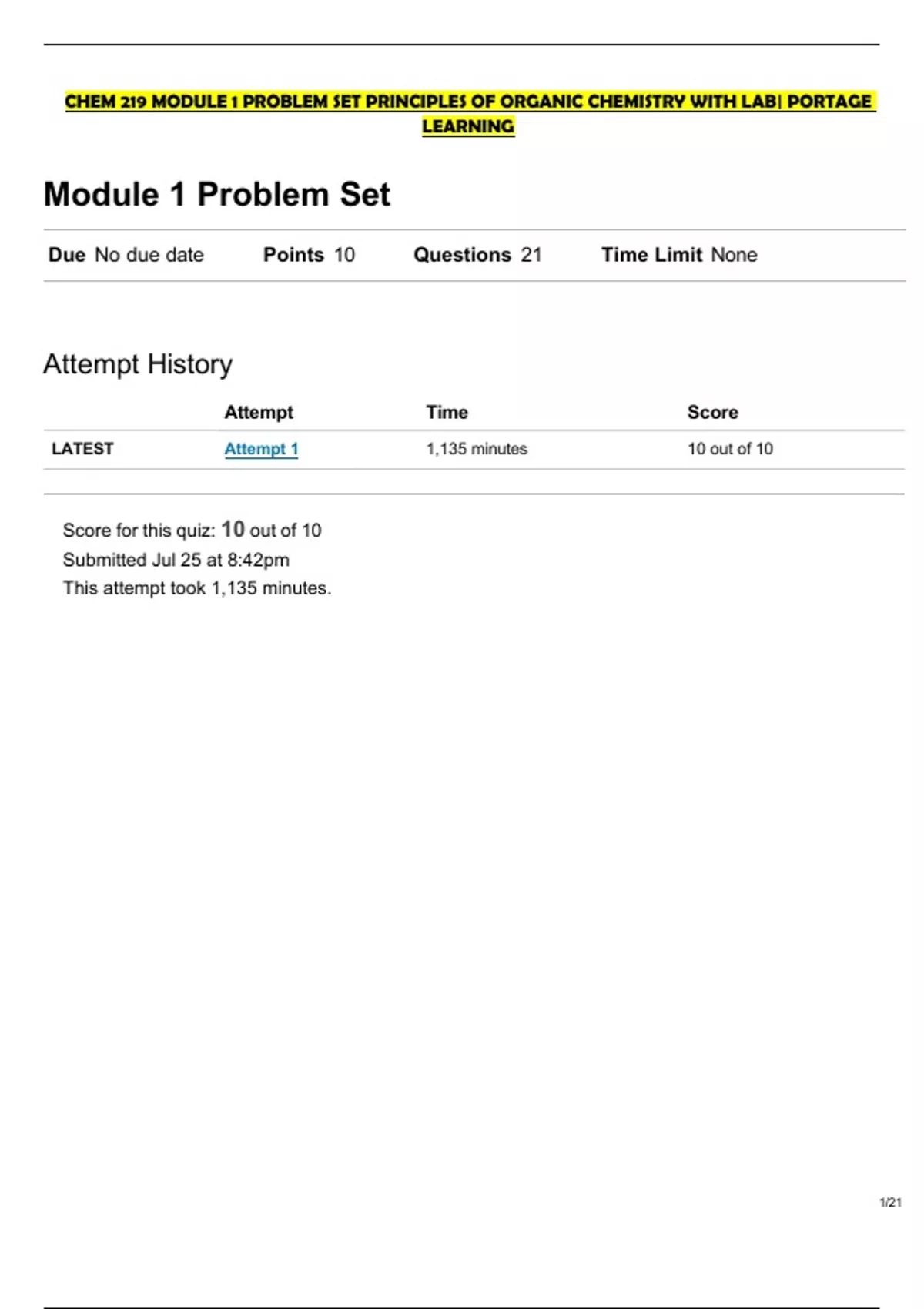 CHEM 219 MODULE 1 PROBLEM SET PRINCIPLES OF ORGANIC CHEMISTRY WITH LAB| PORTAGE LEARNING - Chem ...