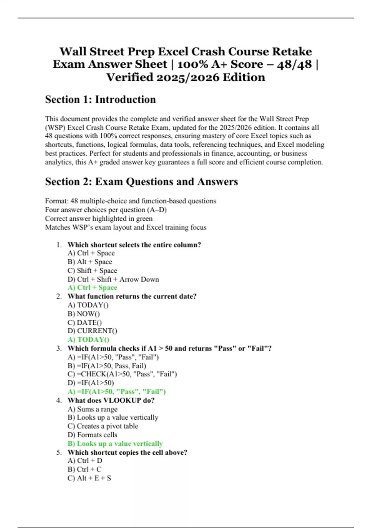 Wall Street Prep Excel Crash Course Retake Exam Answer Sheet | 100% ...