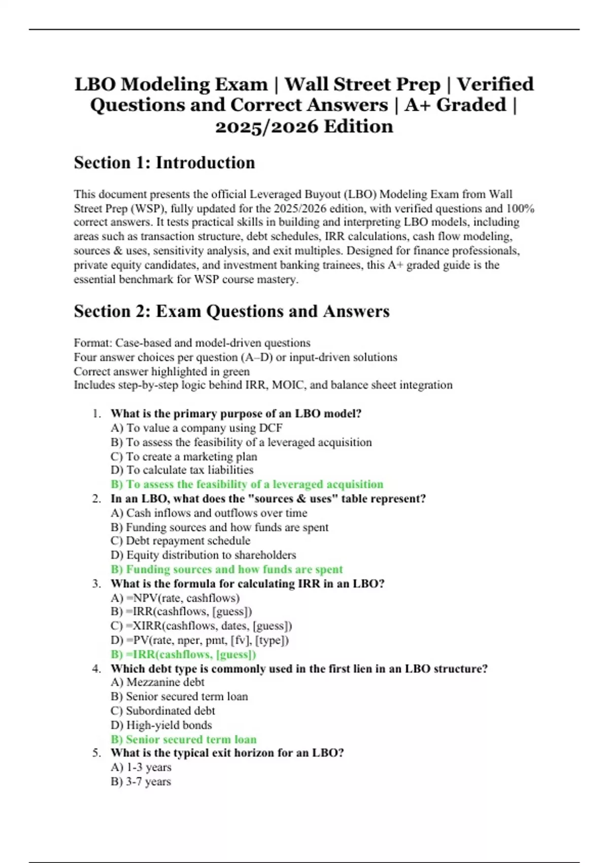 LBO Modeling Exam – Wall Street Prep – 2025/2026 Edition – Verified Questions and Correct ...