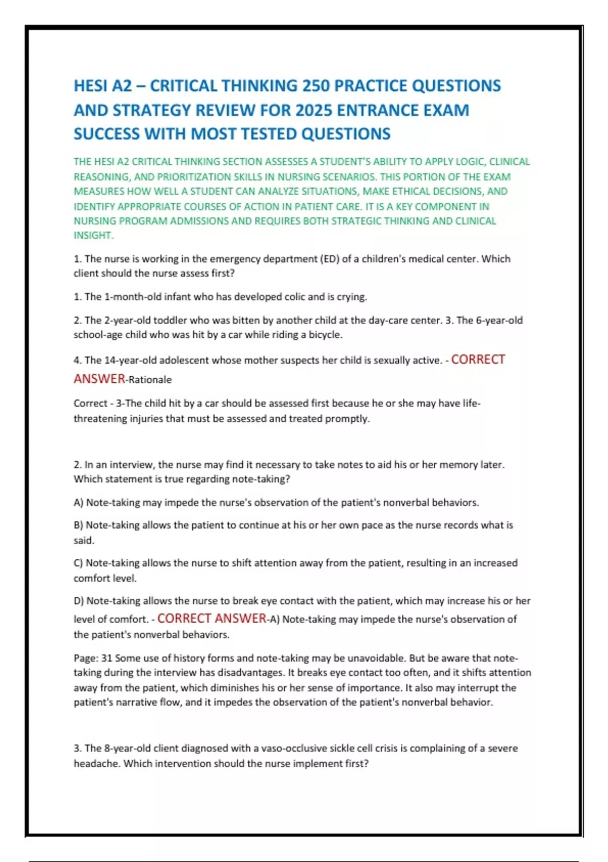 HESI A2 – CRITICAL THINKING 250 PRACTICE QUESTIONS AND STRATEGY REVIEW ...