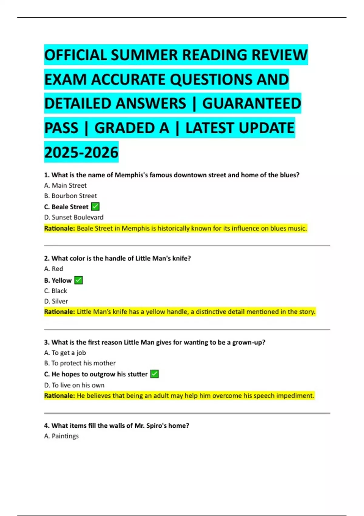 OFFICIAL SUMMER READING REVIEW EXAM ACCURATE QUESTIONS AND DETAILED ...