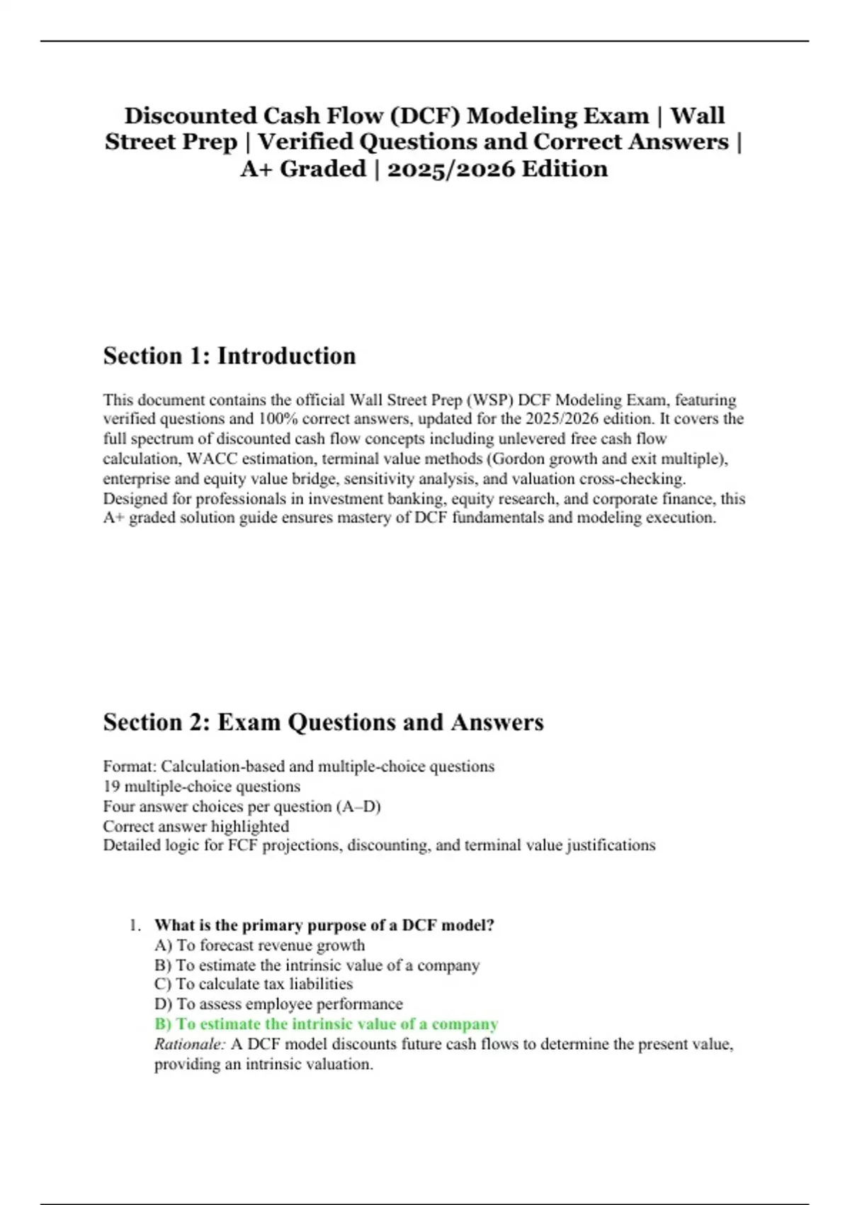 Discounted Cash Flow (DCF) Modeling Exam – Wall Street Prep – 2025/2026 Edition – Verified ...