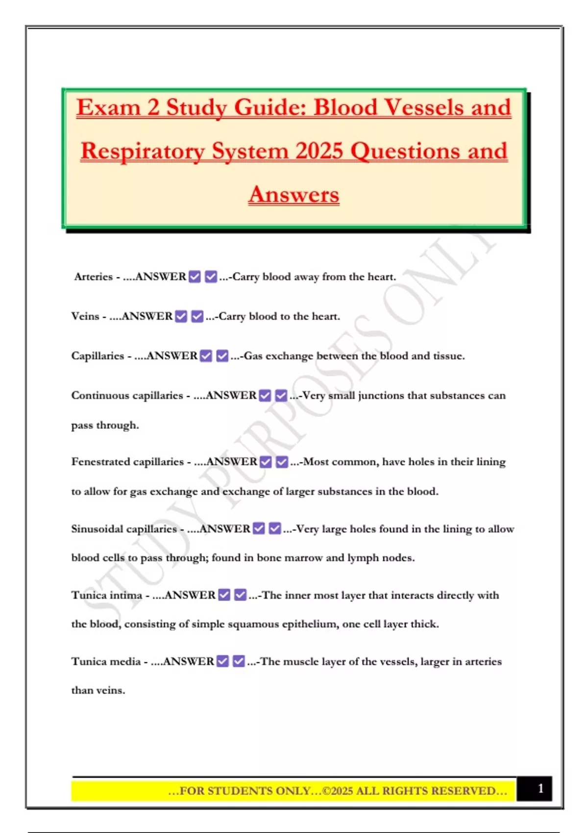 Exam 2 Study Guide: Blood Vessels and Respiratory System 2025 Questions ...