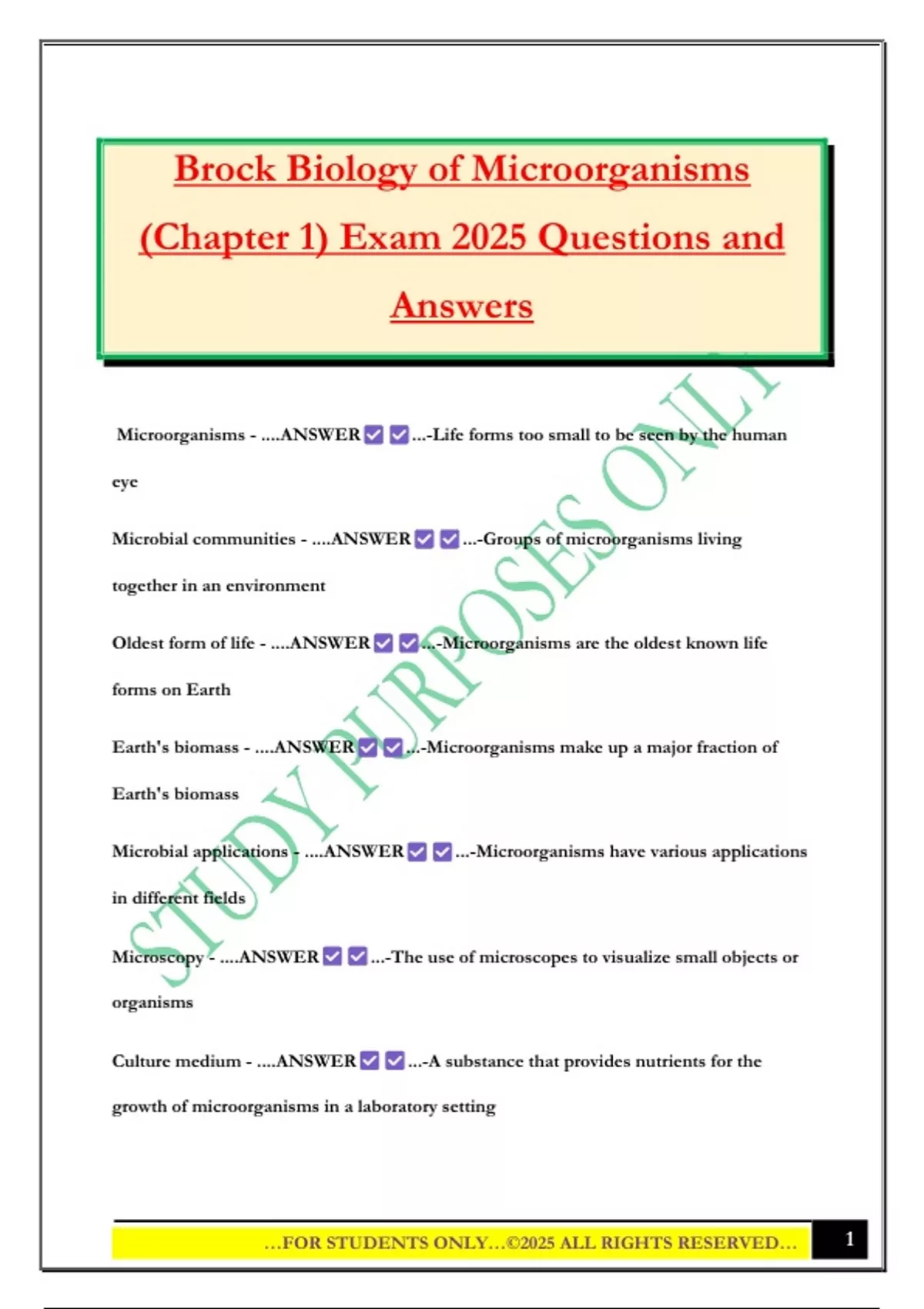 Brock Biology of Microorganisms (Chapter 1) Exam 2025 Questions and Answers - Brock Biology of ...