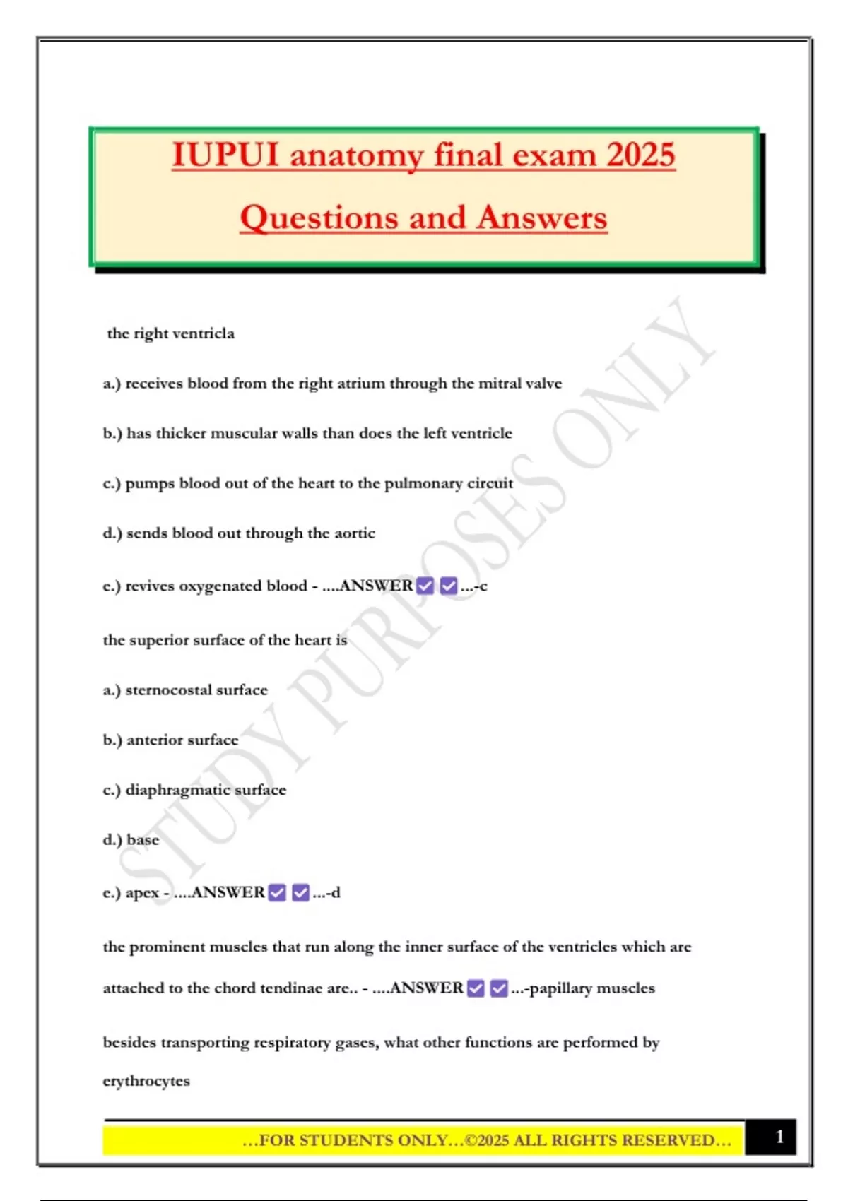 IUPUI anatomy final exam 2025 Questions and Answers - IUPUI - Stuvia US