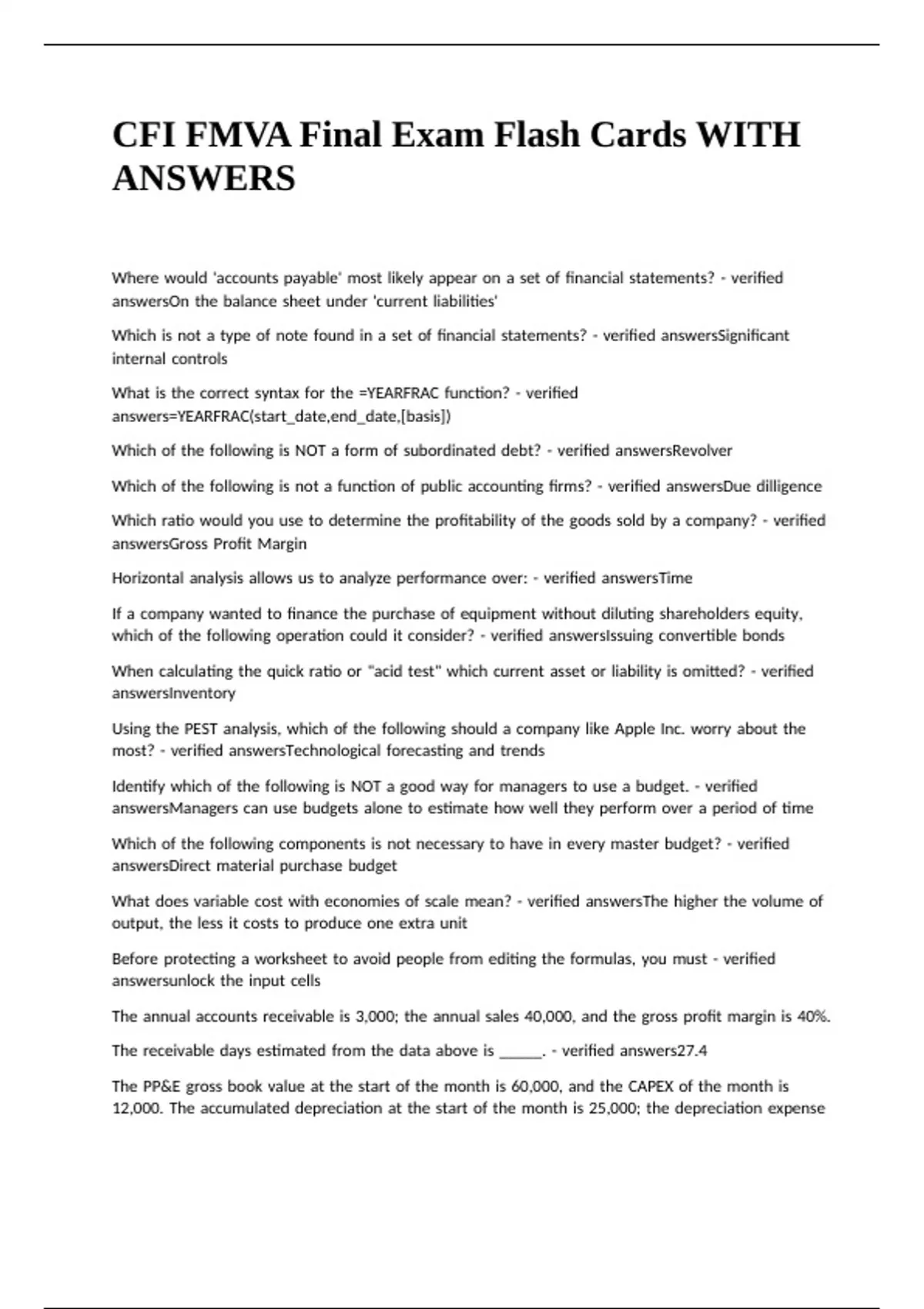 CFI FMVA Final Exam Flash Cards WITH ANSWERS - CFI FMVA - Stuvia US