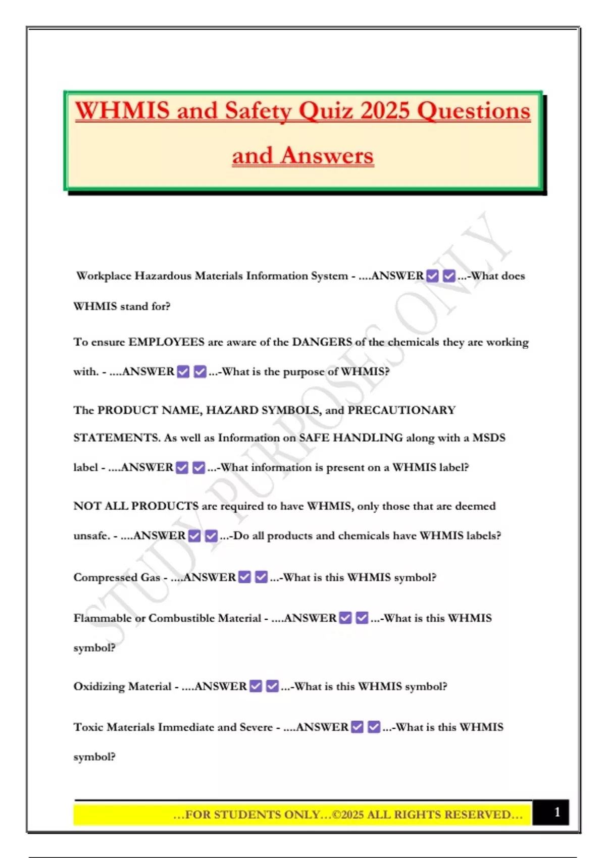 WHMIS and Safety Quiz 2025 Questions and Answers - WHMIS - Stuvia US