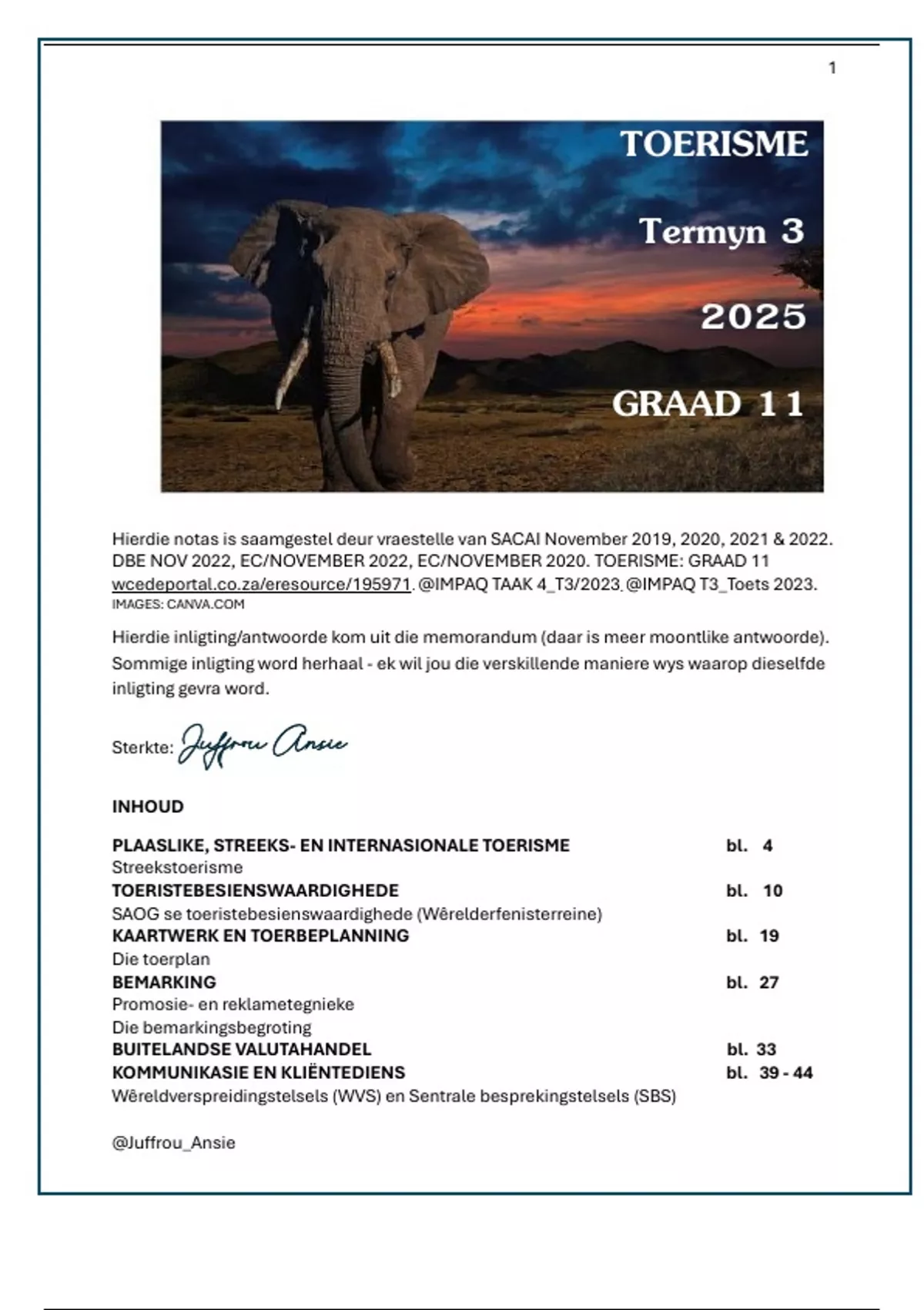 Summary Graad 11 Toerisme Kwartaal 3 2025 Opgesom Deur Juffrou Ansie ...