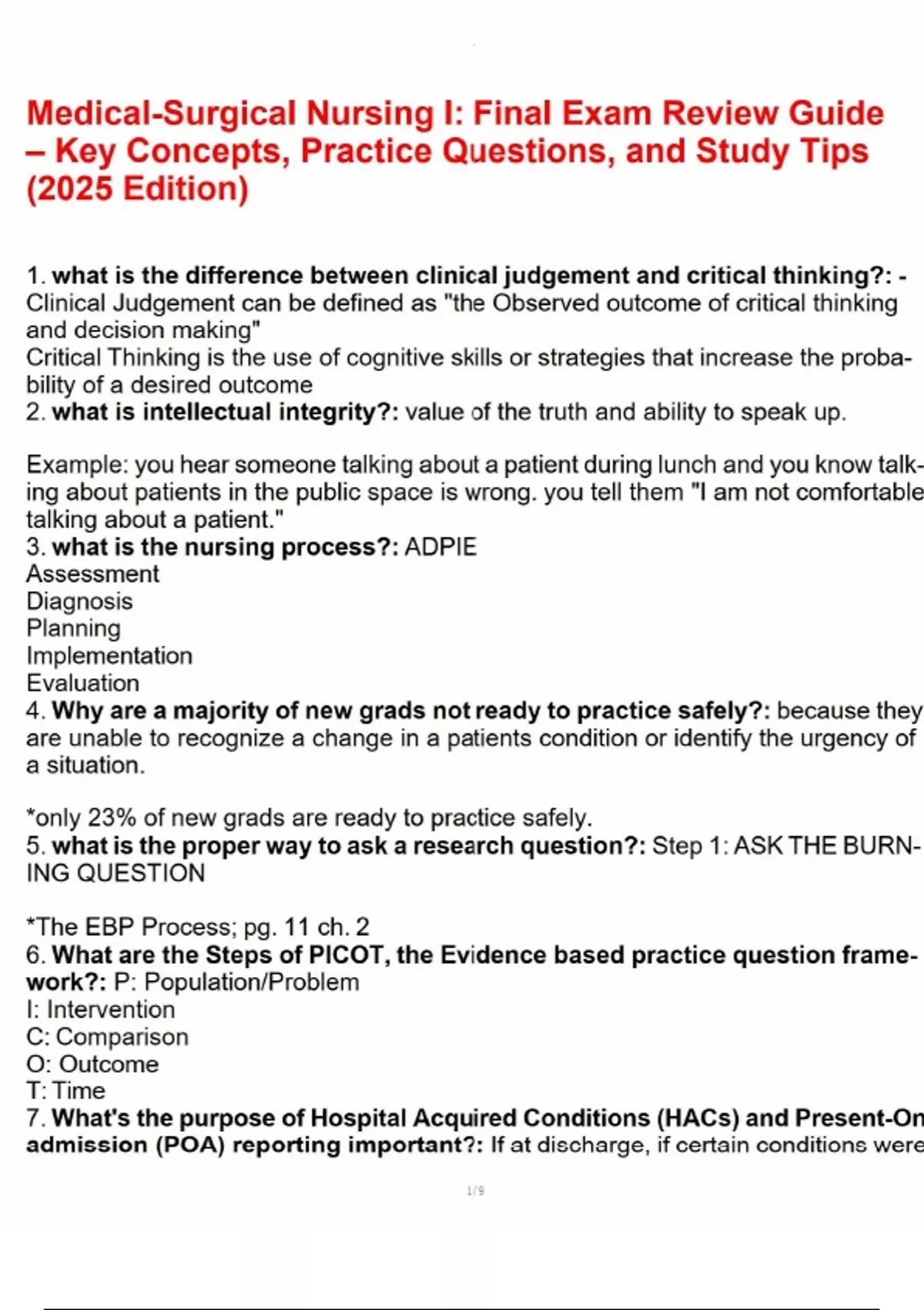 Medical-Surgical Nursing I Final Exam Review Guide – Key Concepts ...