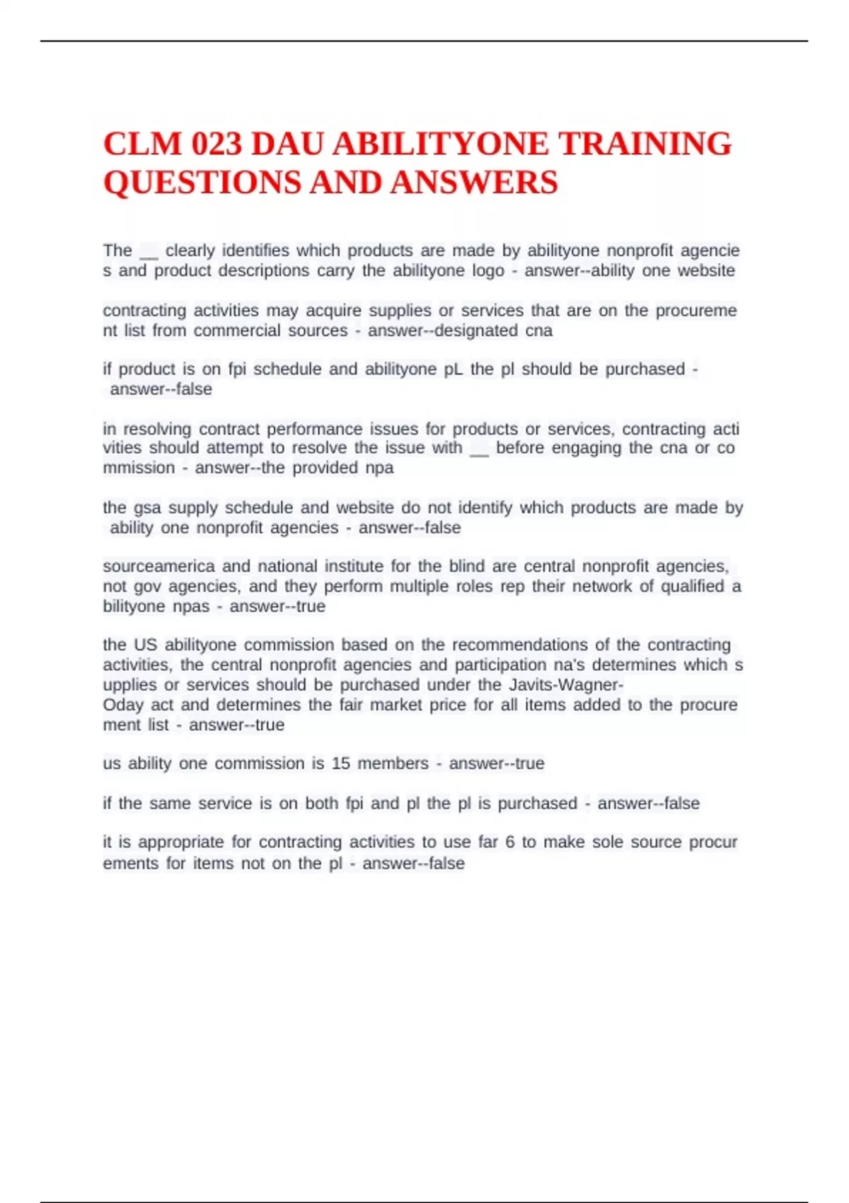 CLM 023 DAU ABILITYONE TRAINING QUESTIONS AND ANSWERS - CLM 023 ...