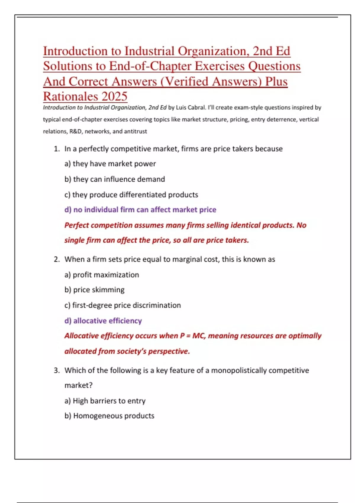 Introduction to Industrial Organization, 2nd Ed Solutions to End-of-Chapter Exercises Questions ...