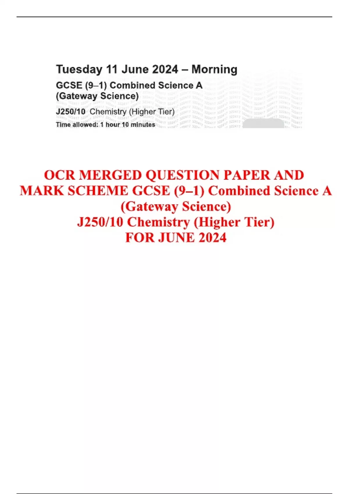 Ocr Gcse 9 1 Combined Science A Gateway Science J250 10 Chemistry Higher Tier June 2024
