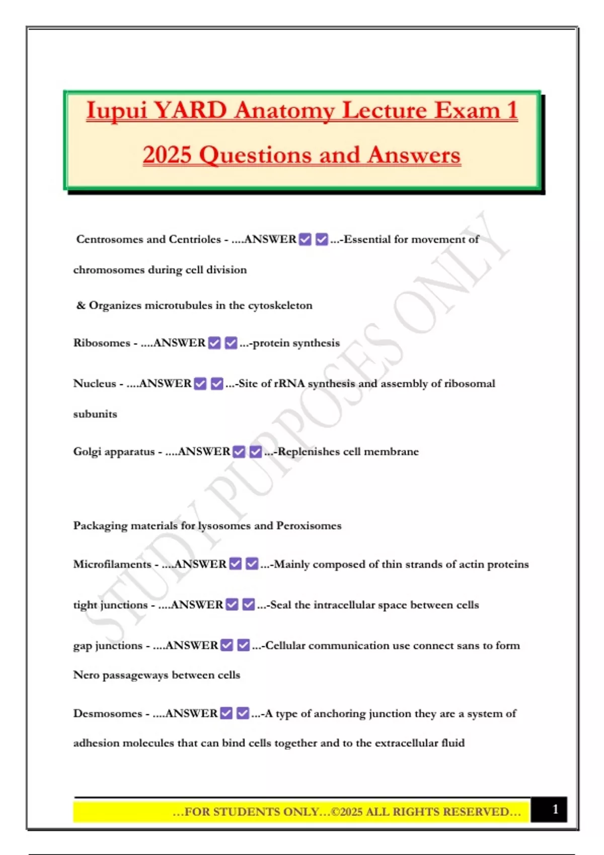 Iupui YARD Anatomy Lecture Exam 1 2025 Questions and Answers - IUPUI ...