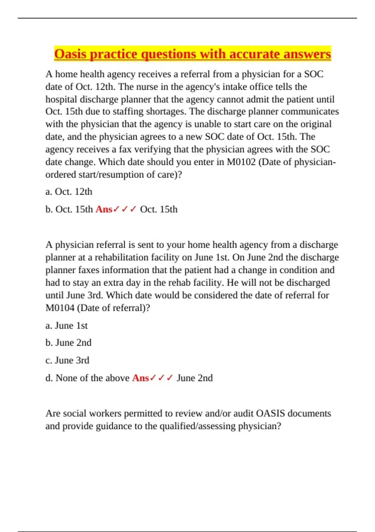 OASIS – Home Health Practice Questions with Verified Answers | Clinical Documentation and ...
