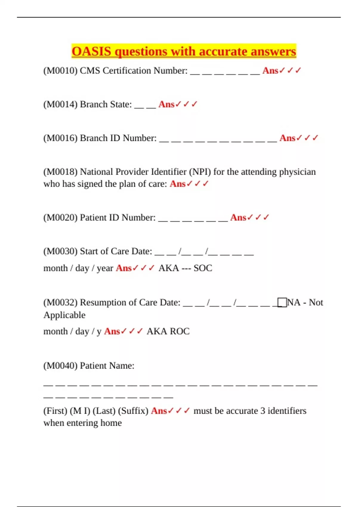 OASIS – Clinical Home Health Assessment Questions with Verified Answers ...