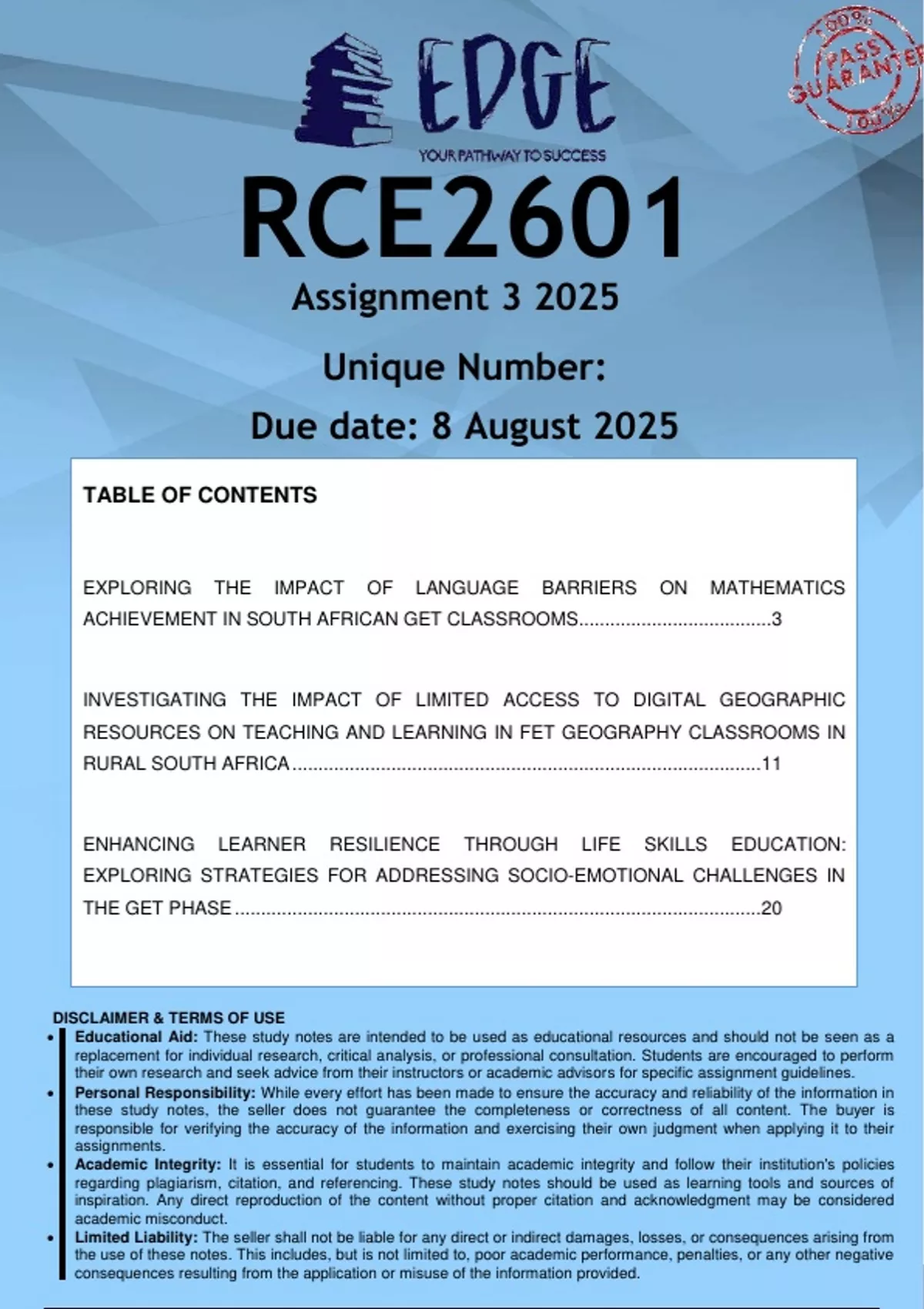 RCE2601 Assignment 3 (DETAILED ANSWERS) 2025 - DISTINCTION GUARANTEED ...