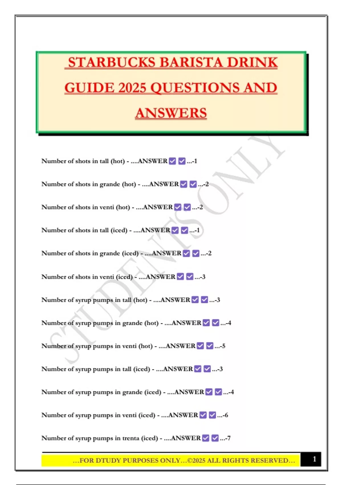 STARBUCKS BARISTA DRINK GUIDE 2025 QUESTIONS AND ANSWERS - BARISTA ...