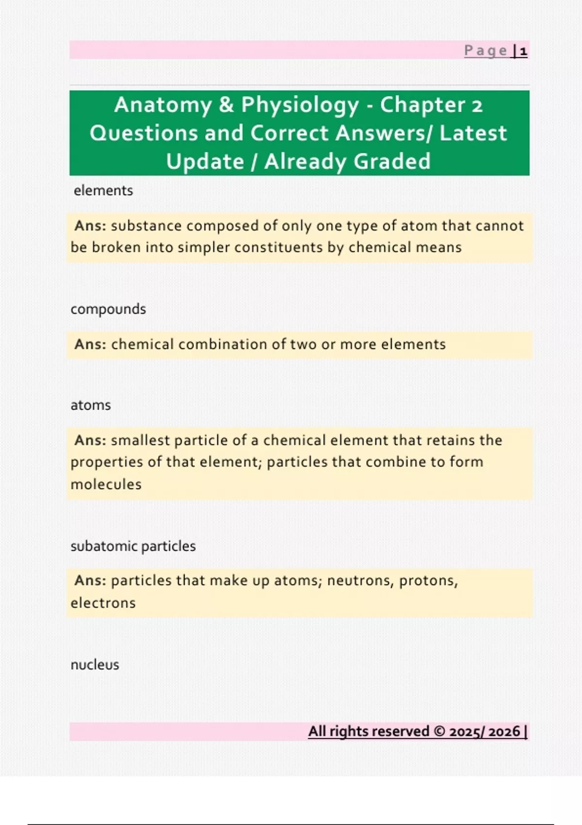 Anatomy & Physiology - Chapter 2 Questions and Correct Answers/ Latest ...