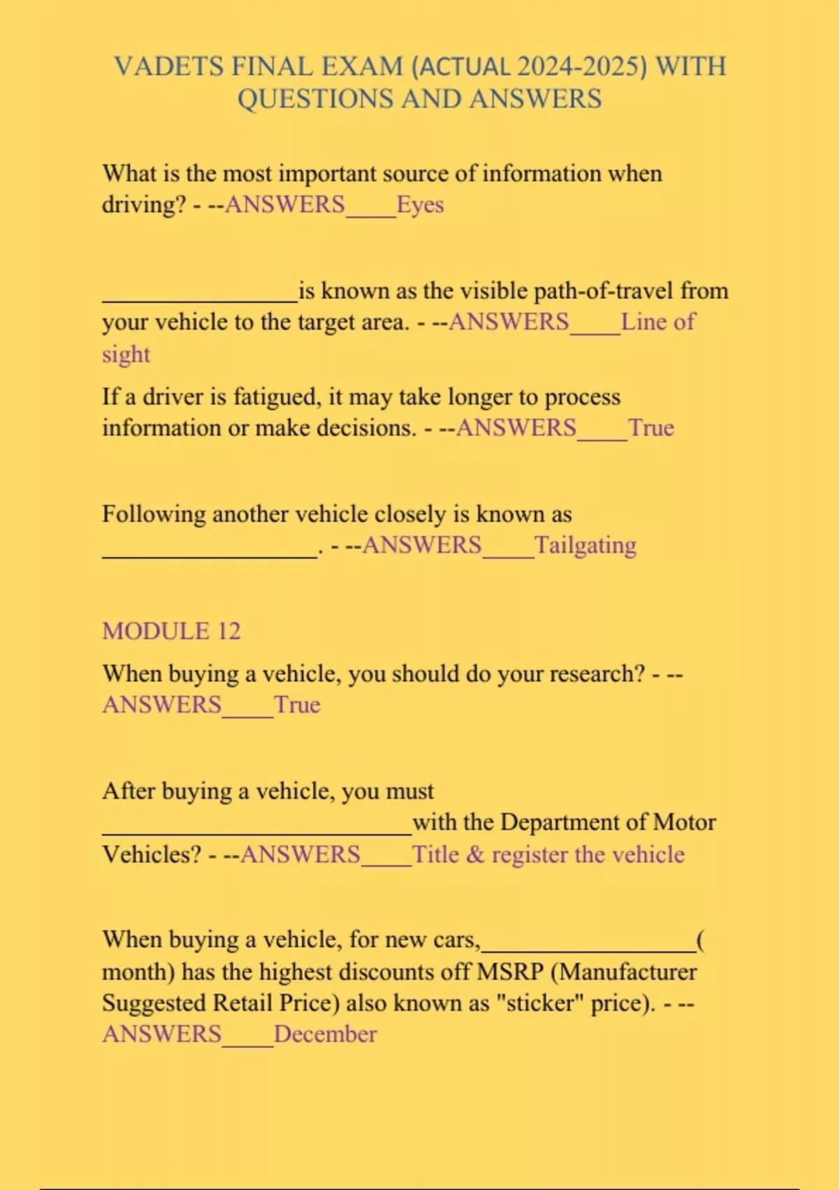 VADETS FINAL EXAM (ACTUAL ) WITH QUESTIONS AND ANSWERS - VADETS - Stuvia US