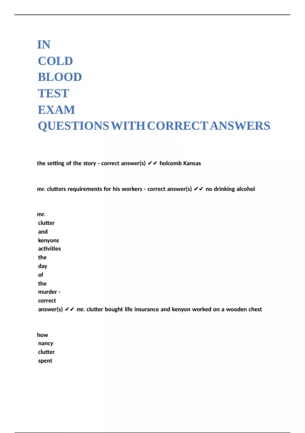 IN COLD BLOOD TEST EXAM QUESTIONS WITH CORRECT ANSWERS. - In Cold Blood ...