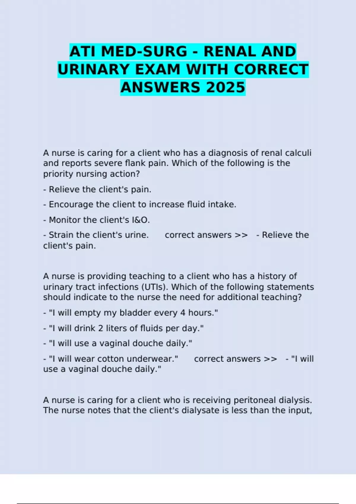 ATI MED-SURG - RENAL AND URINARY EXAM WITH CORRECT ANSWERS 2025 - ATI ...