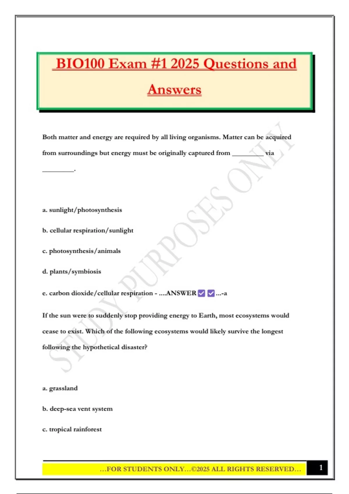BIO100 Exam #1 2025 Questions and Answers - Bio 100 - Stuvia US