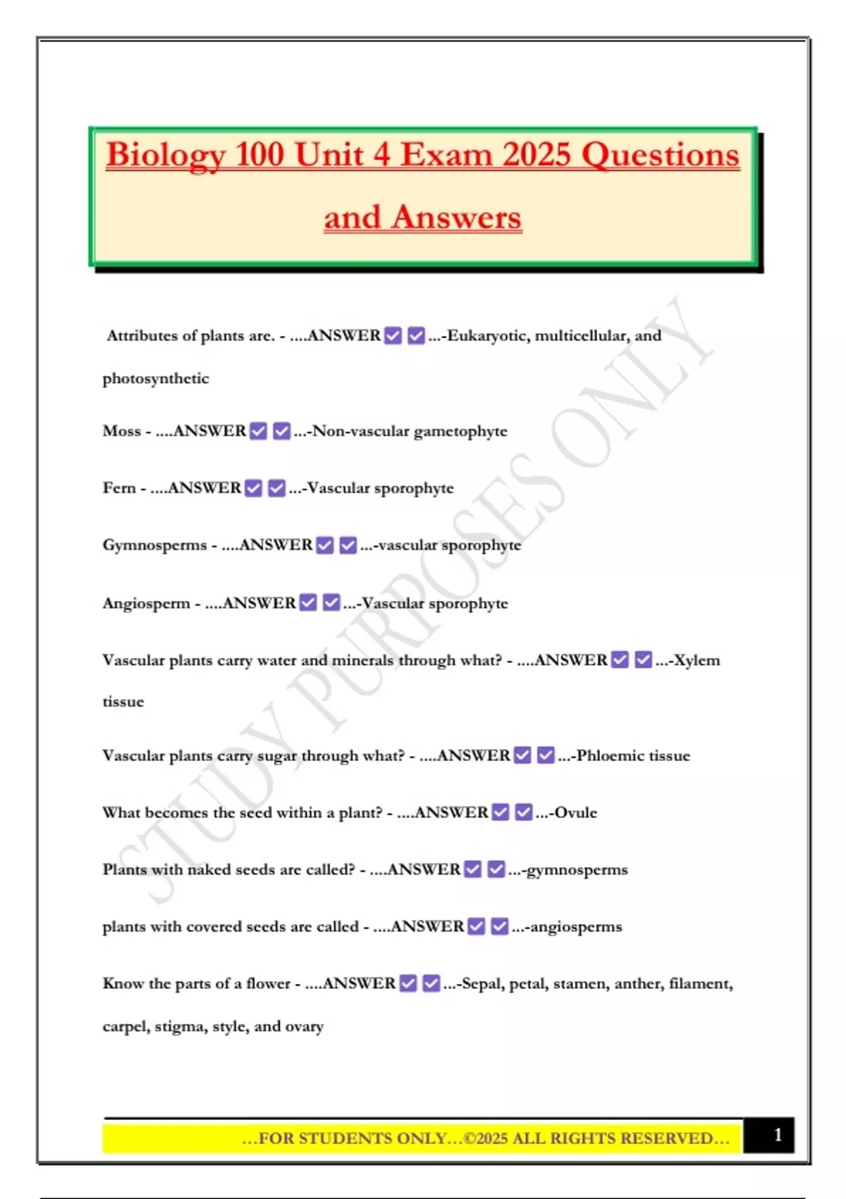 Biology 100 Unit 4 Exam 2025 Questions and Answers - Bio 100 - Stuvia US