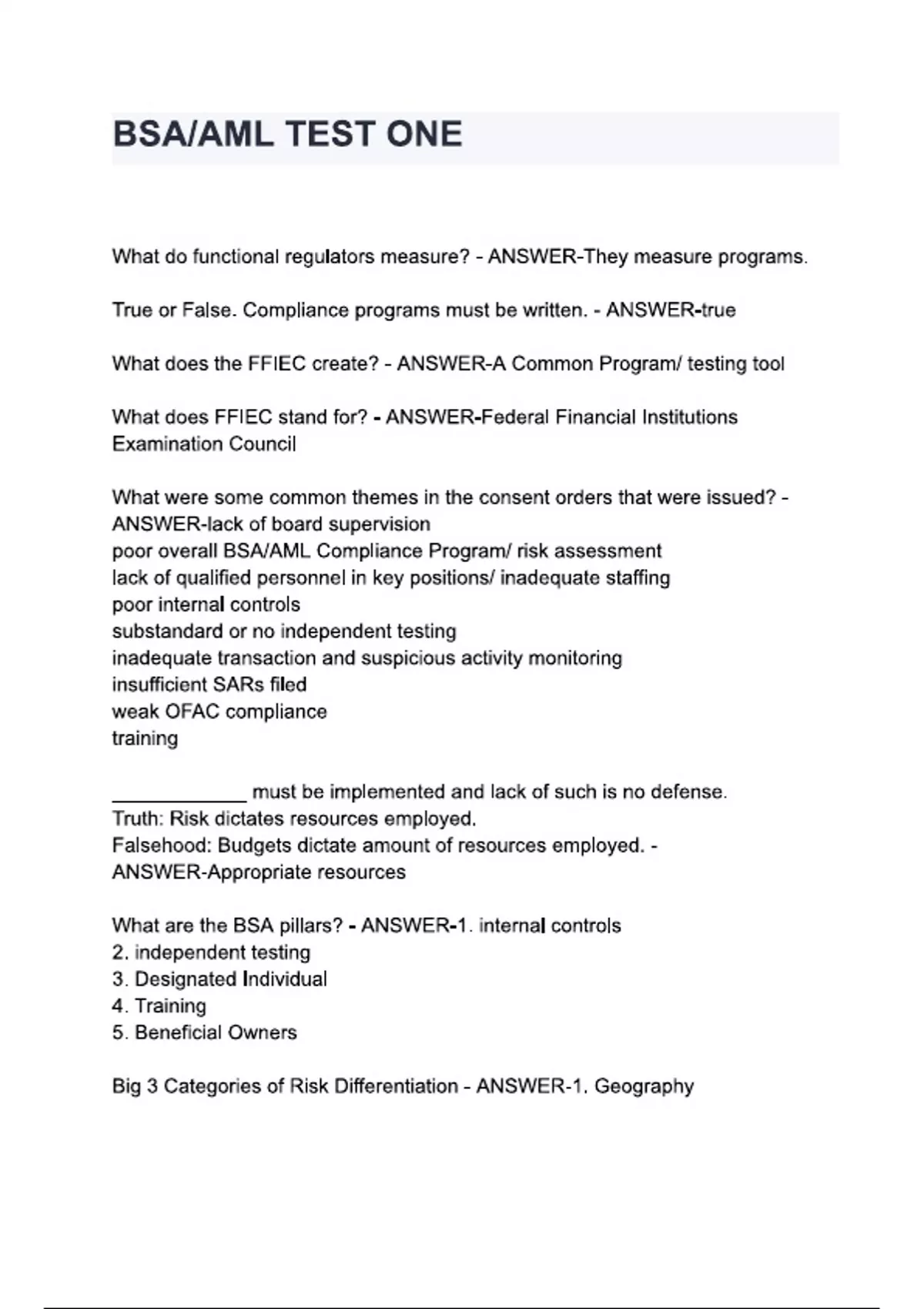 BSA-AML TEST ONE questions and answers - BSA - Stuvia US