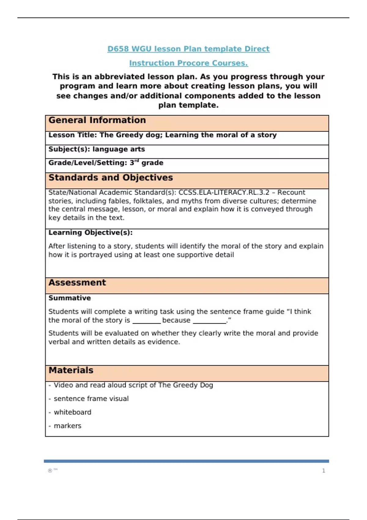 D658 WGU lesson Plan template Direct Instruction Procore Courses. - D658 WGU - Stuvia US