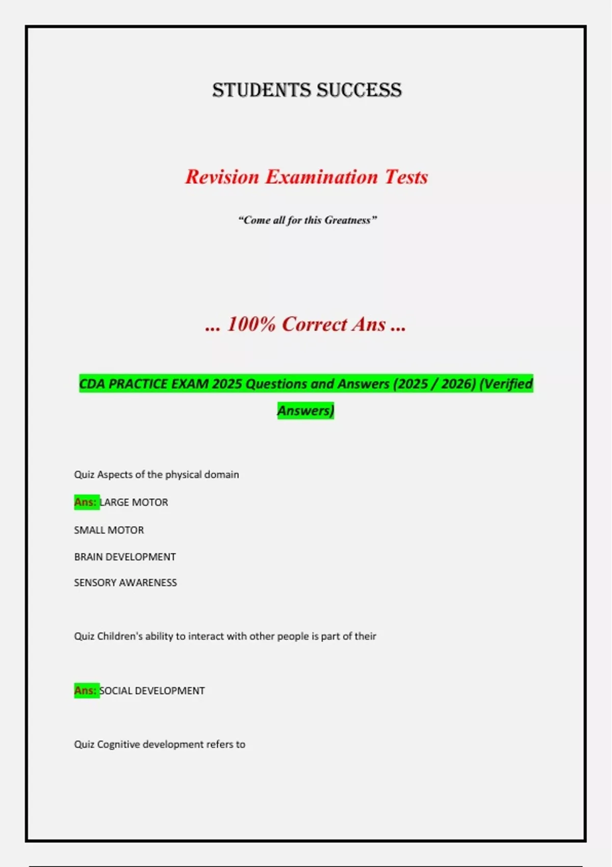 CDA PRACTICE EXAM 2025 Questions and Answers (2025 / 2026) (Verified Answers) - CDA PRACTICE ...