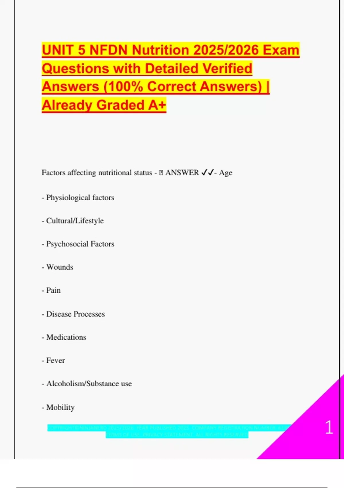 UNIT 5 NFDN Nutrition 2025/2026 Exam Questions with Detailed Verified ...