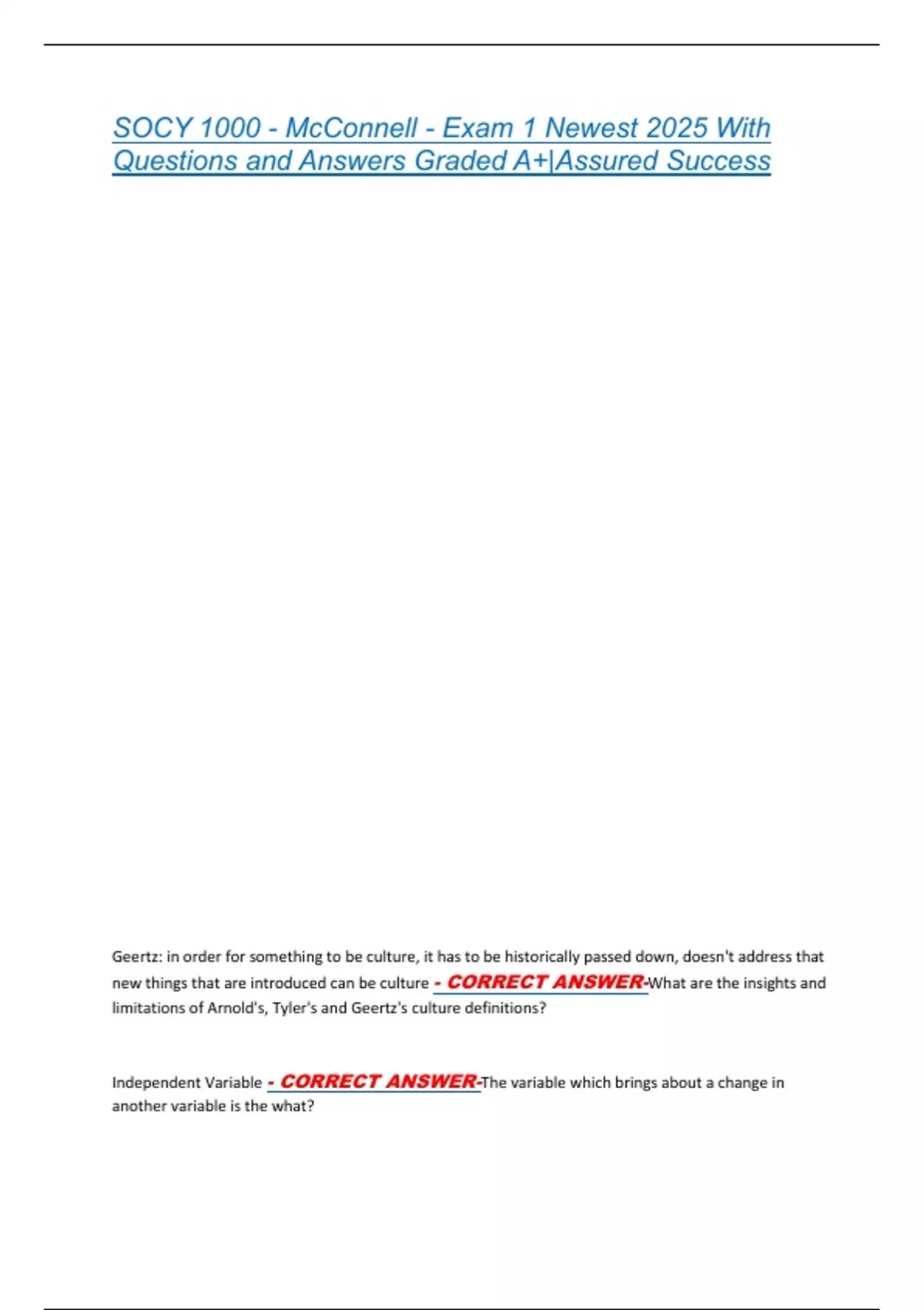SOCY 1000 - McConnell - Exam 1 Newest 2025 With Questions and Answers ...