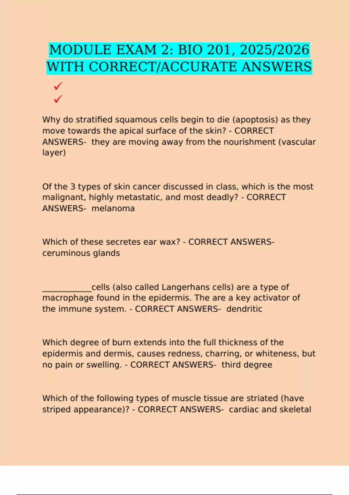 MODULE EXAM 2: BIO 201, 2025/2026 WITH CORRECT/ACCURATE ANSWERS - BIO 201 - Stuvia US