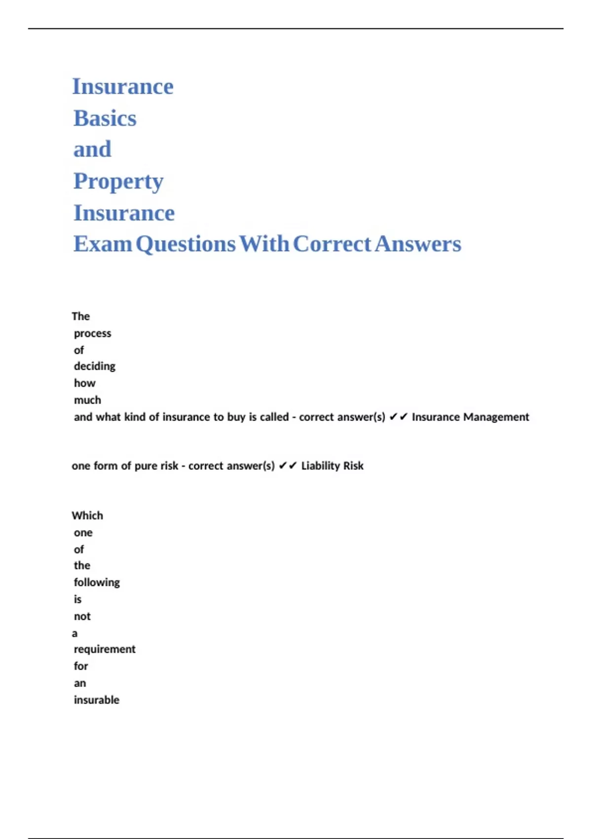 Insurance Basics and Property Insurance Exam Questions With Correct ...