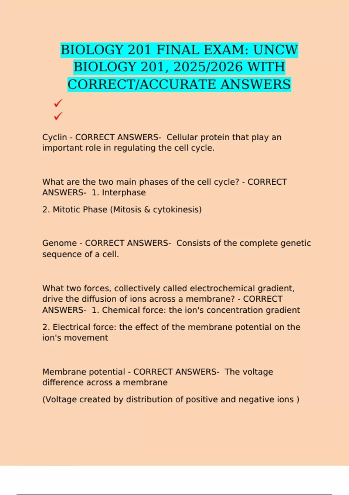 BIOLOGY 201 FINAL EXAM: UNCW BIOLOGY 201, 2025/2026 WITH CORRECT ...