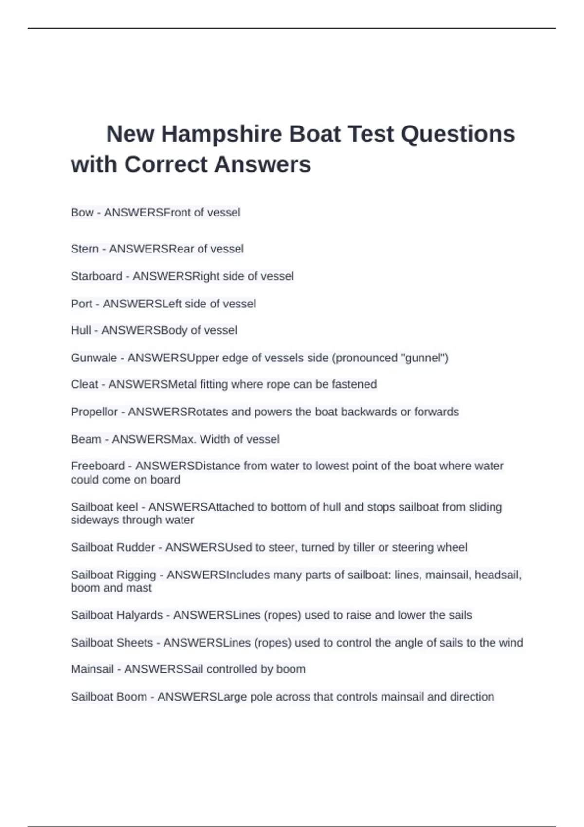 New Hampshire Boat Test Questions with Correct Answers - New Hampshire ...