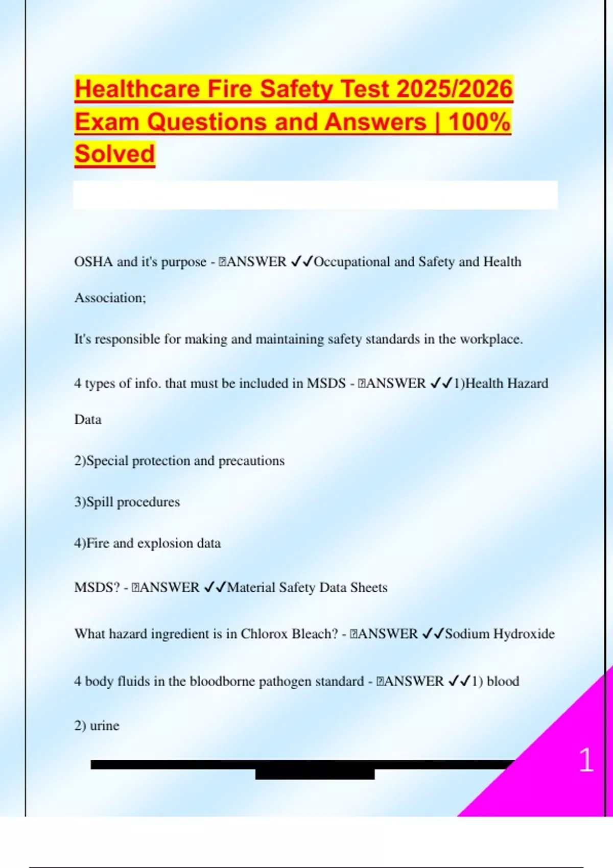 Healthcare Fire Safety Test 2025/2026 Exam Questions and Answers | 100% ...