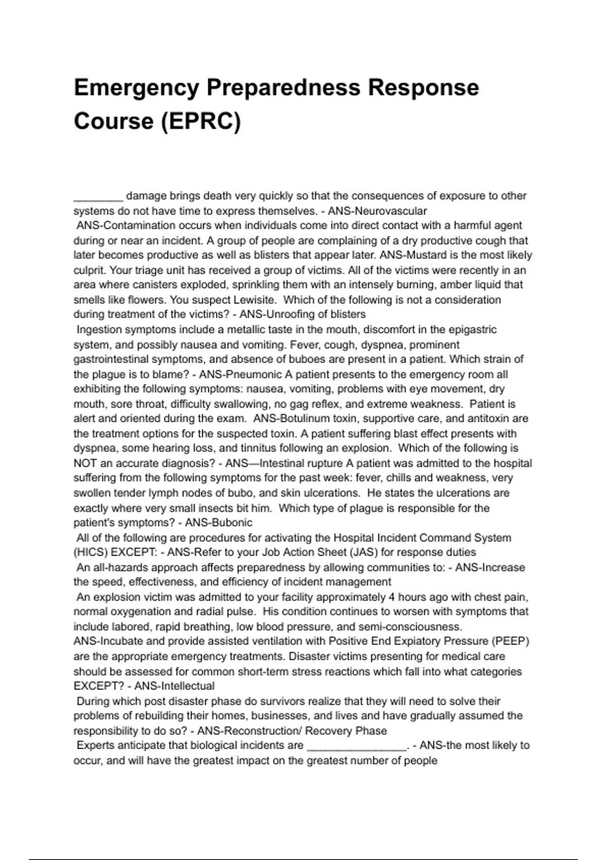 Emergency Preparedness Response Course (EPRC) NEWEST 2025/2026 ACTUAL EXAM COMPLETE QUESTIONS ...