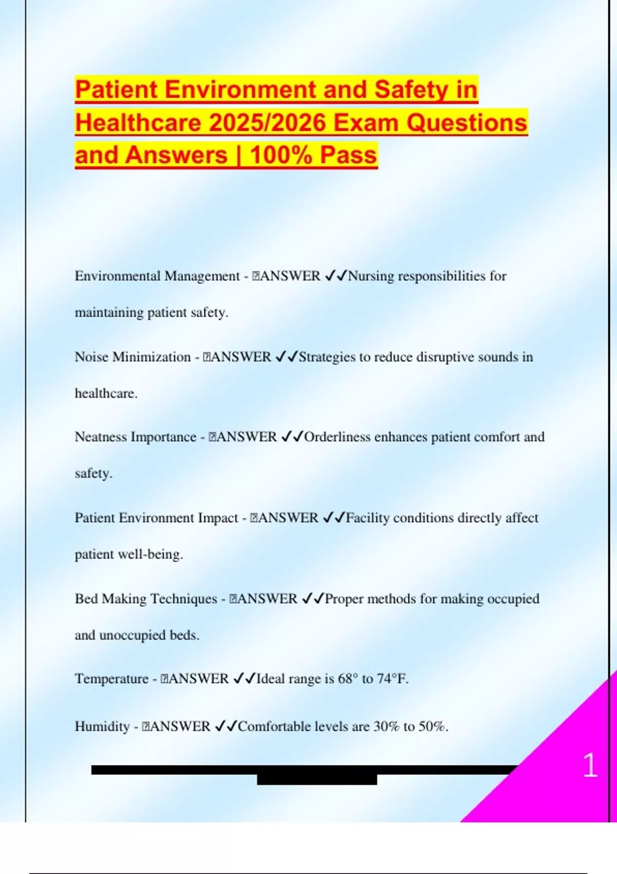 Patient Environment and Safety in Healthcare 2025/2026 Exam Questions ...