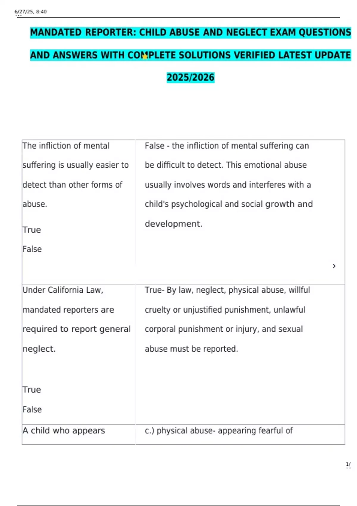 MANDATED REPORTER: CHILD ABUSE AND NEGLECT EXAM QUESTIONS AND ANSWERS ...
