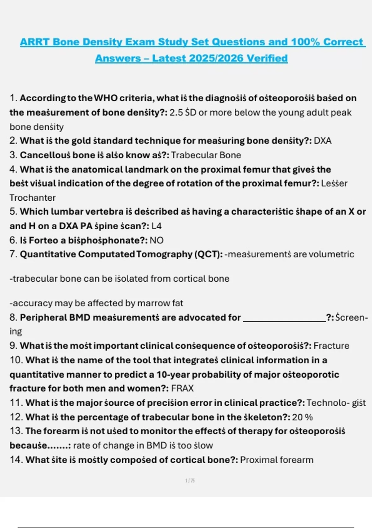 ARRT Bone Density Exam Study Set – Questions and 100% Correct Answers ...