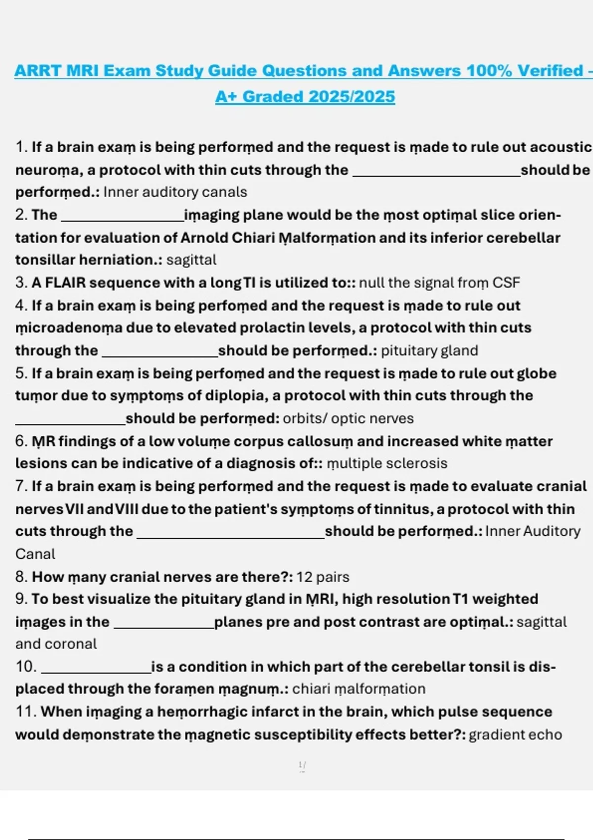 ARRT MRI Exam Study Guide – Questions and Answers 100% Verified | A+ ...